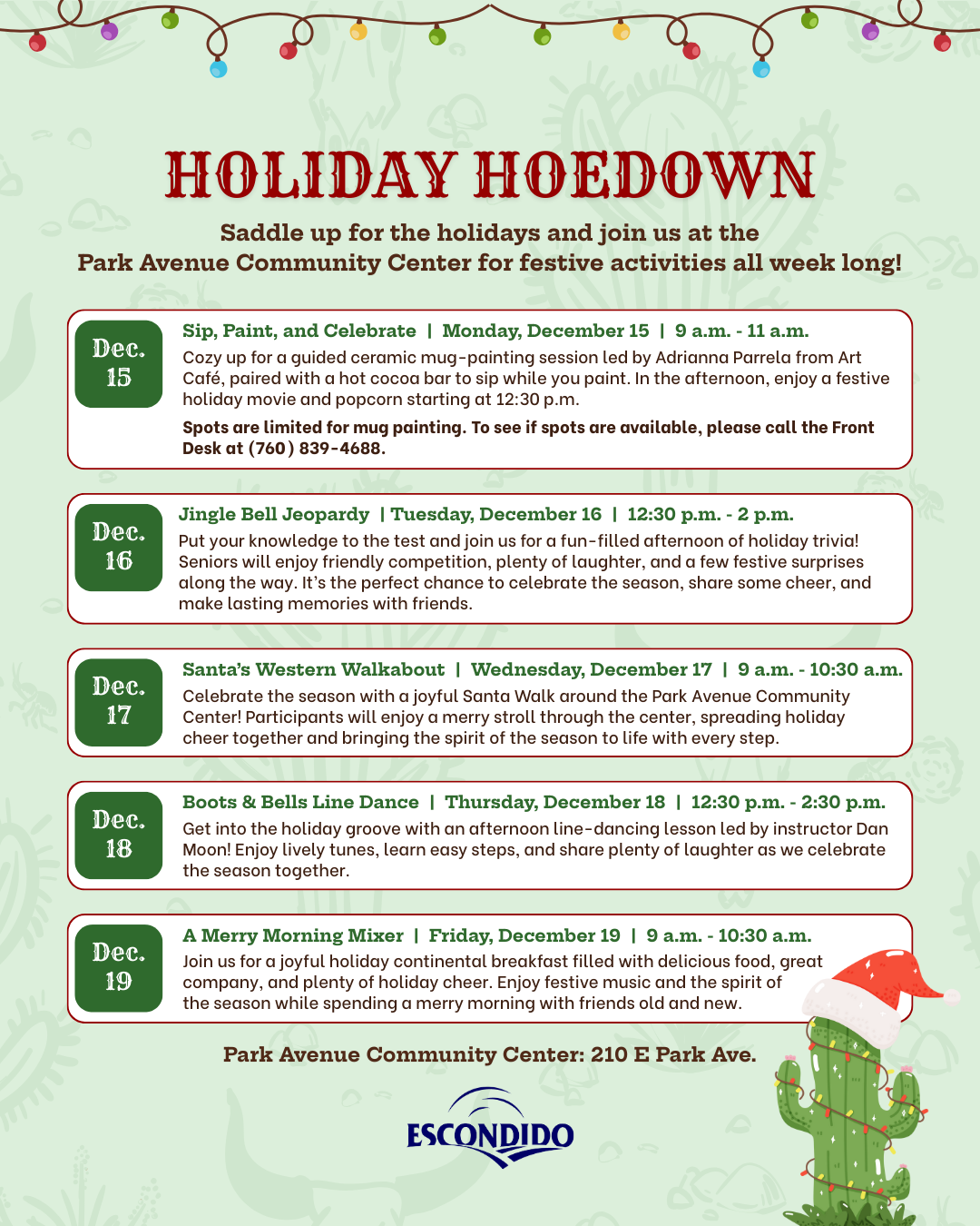Holiday Hoedown Week for Seniors from December 15 - 19 • Escondido, CA